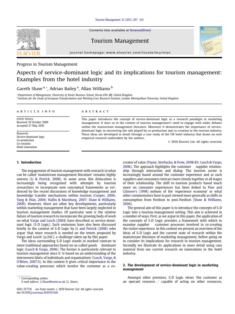 Aspects of Service Dominant Logic and Its Implications For Tourism ...