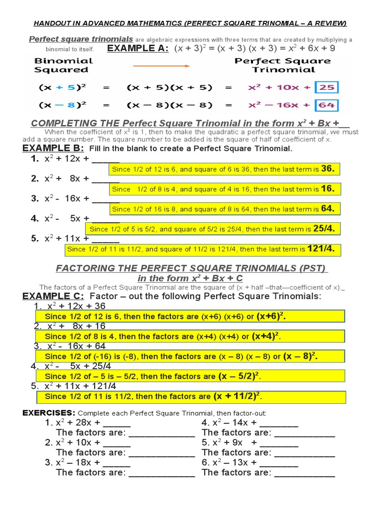 HAND OUT IN AD MATH THE PERFECT SQUARE TRINOMIAL A Review 1 | PDF ...