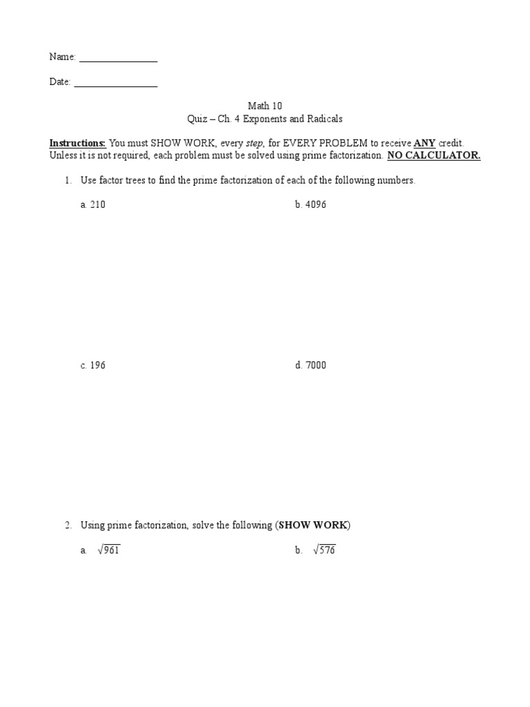 Quiz Ch4 - Exponents and Radicals | PDF