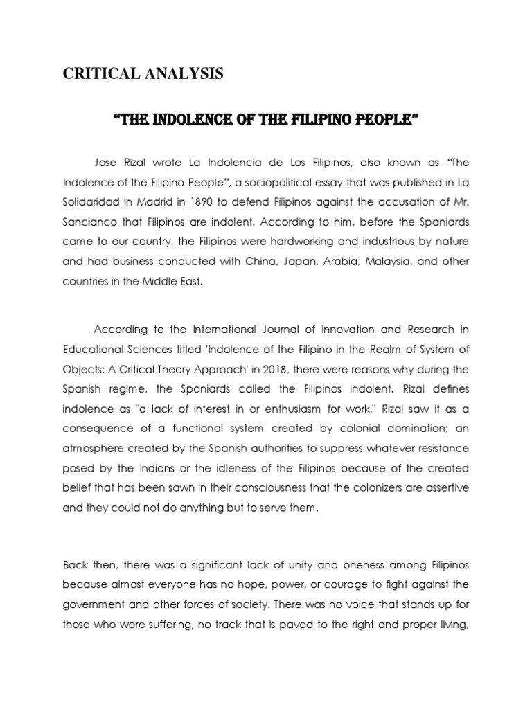 Rizal's Analysis of Filipino Indolence | PDF | Philippines