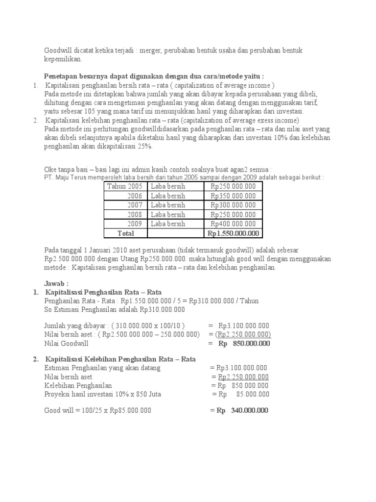 Contoh Perhitungan Goodwill Akuntansi | PDF | Pengelolaan Keuangan & Uang