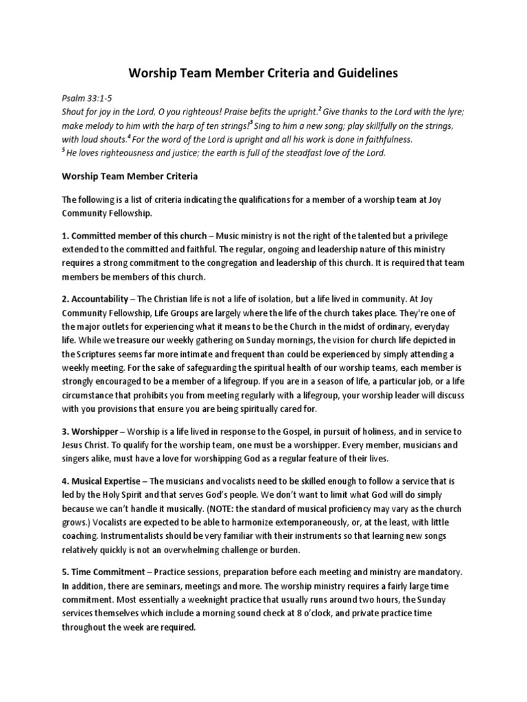 Worship Team Member Criteria and Guidelines PDF | PDF | Worship ...
