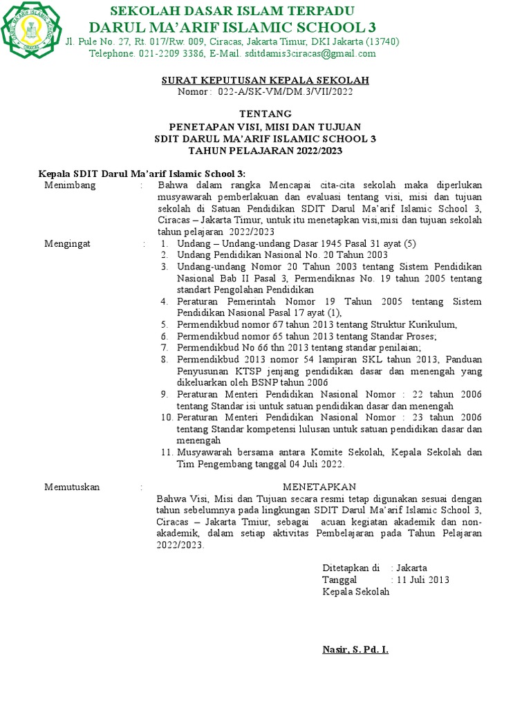 SK - Penetapan Visi, Misi, Dan Tujuan Sdit DM3 | PDF