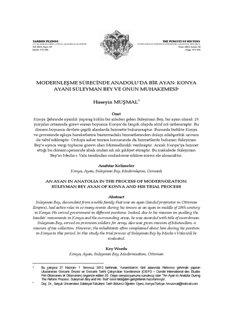 Modernleşme Sürecinde Anadolu'Da Bir Ayan: Konya Ayani Süleyman Bey Ve Onun Muhakemesi Hüseyin ...