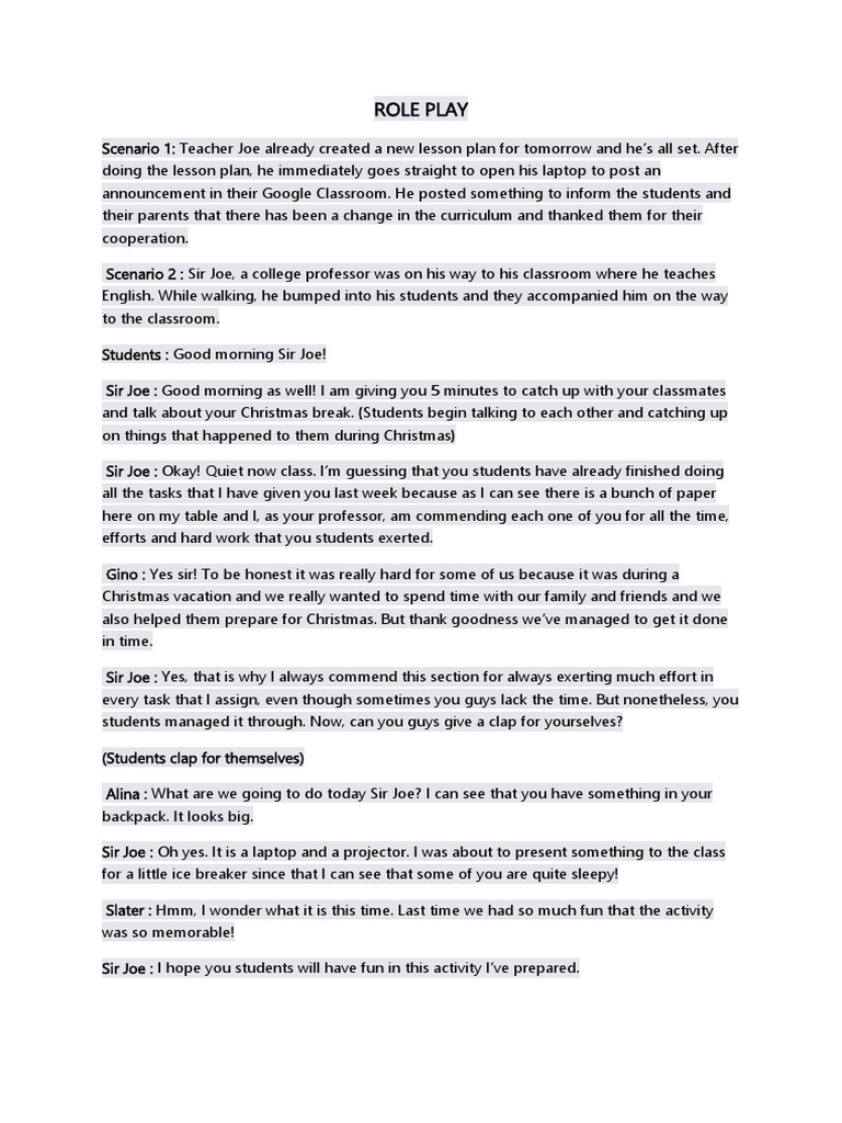 Script On Roleplay | PDF | Teachers | Behavior Modification