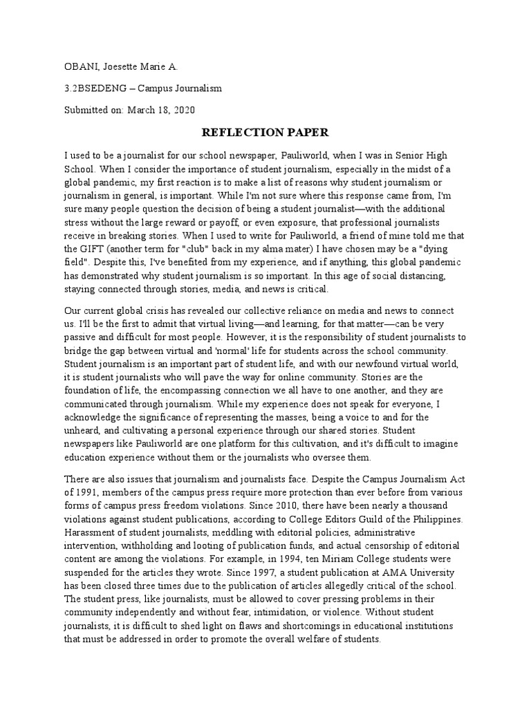Sample Reflection Paper | PDF | Journalism | Freedom Of The Press