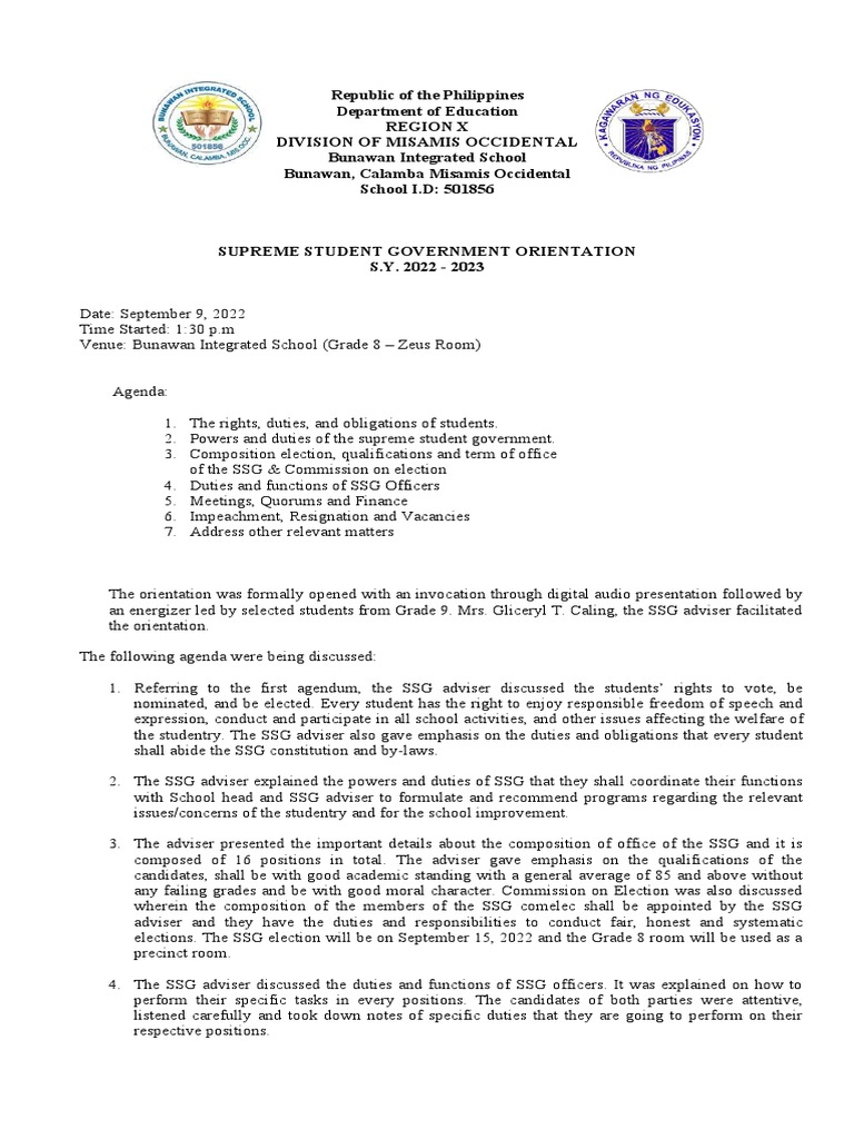 SSG Minutes Orientation | PDF | Impeachment | Governance