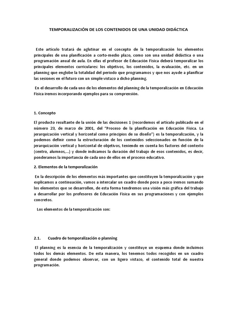 Temporalización de Los Contenidos de Una Unidad Didáctica | PDF | Enseñando | Maestros