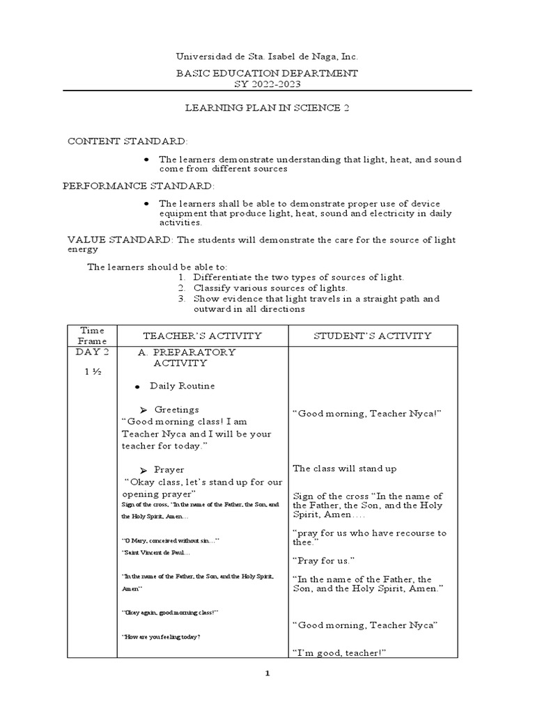 Detailed Lesson Plain in Grade 2 - SCIENCE DAY 1 | PDF | Light | Lighting