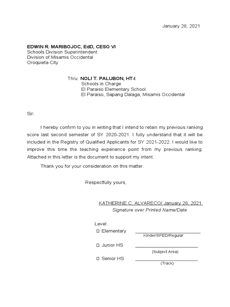 Letter of Intent For ELementary Ranking | PDF