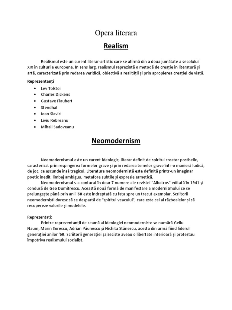 Opera Literara Neomodernism Si Realism | PDF