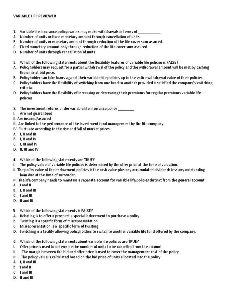 VARIABLE LIFE REVIEWER 140 Items With Answer Key Trainers | PDF ...