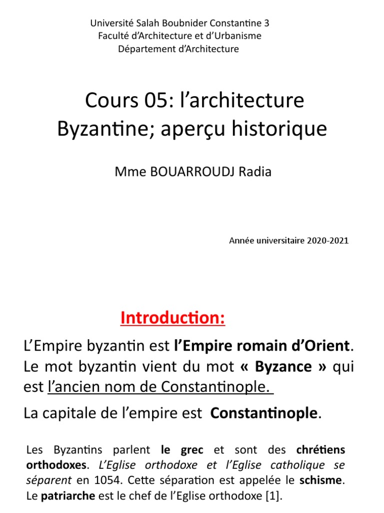 Cours 05 Architecture Byzantine | PDF | Empire byzantin | Constantinople