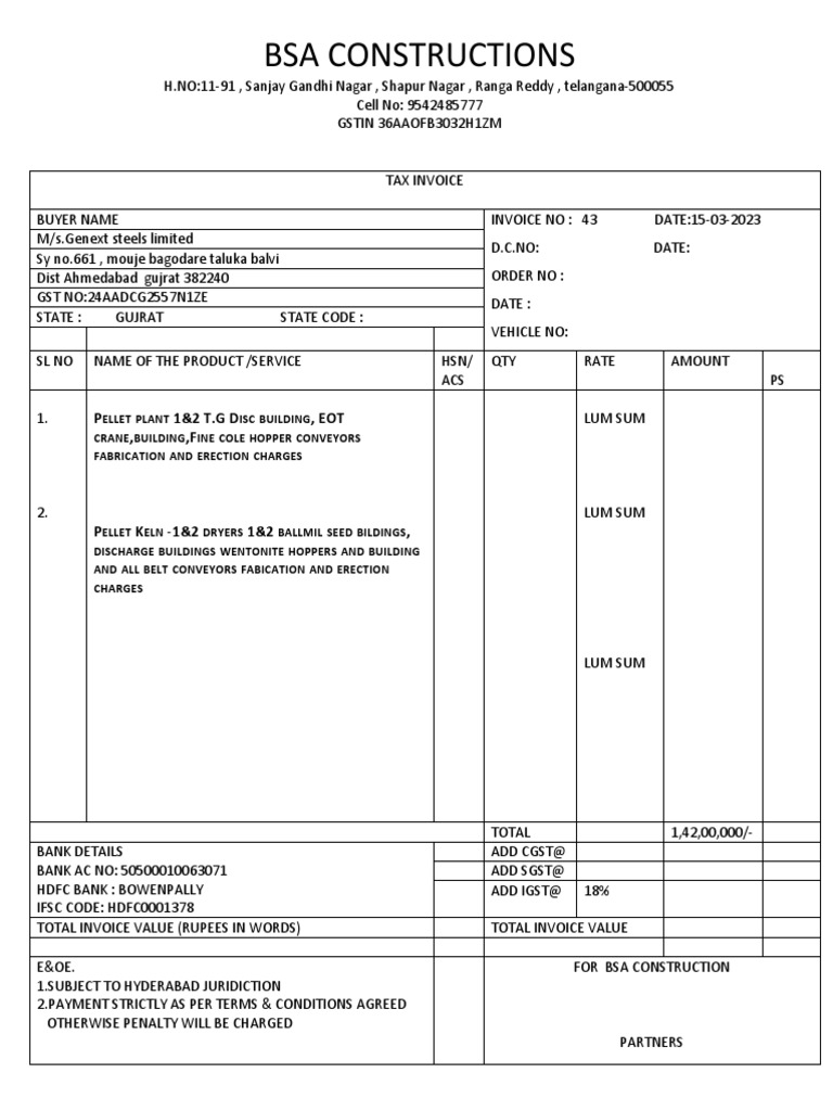 BSA Constructions Invoice for Genext Steels | PDF | Payments | Public ...