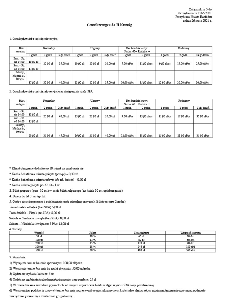 Cennik wstępu na H2Ostróg | PDF