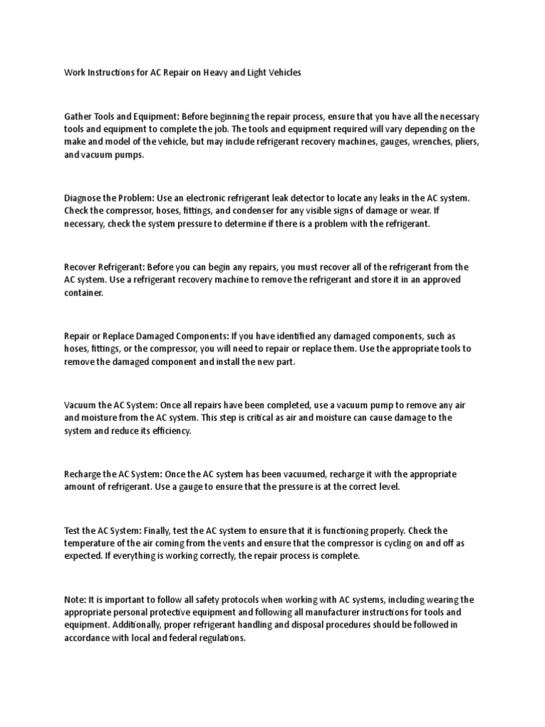 Work Instructions For AC Repair On Heavy and Light Vehicles | PDF ...