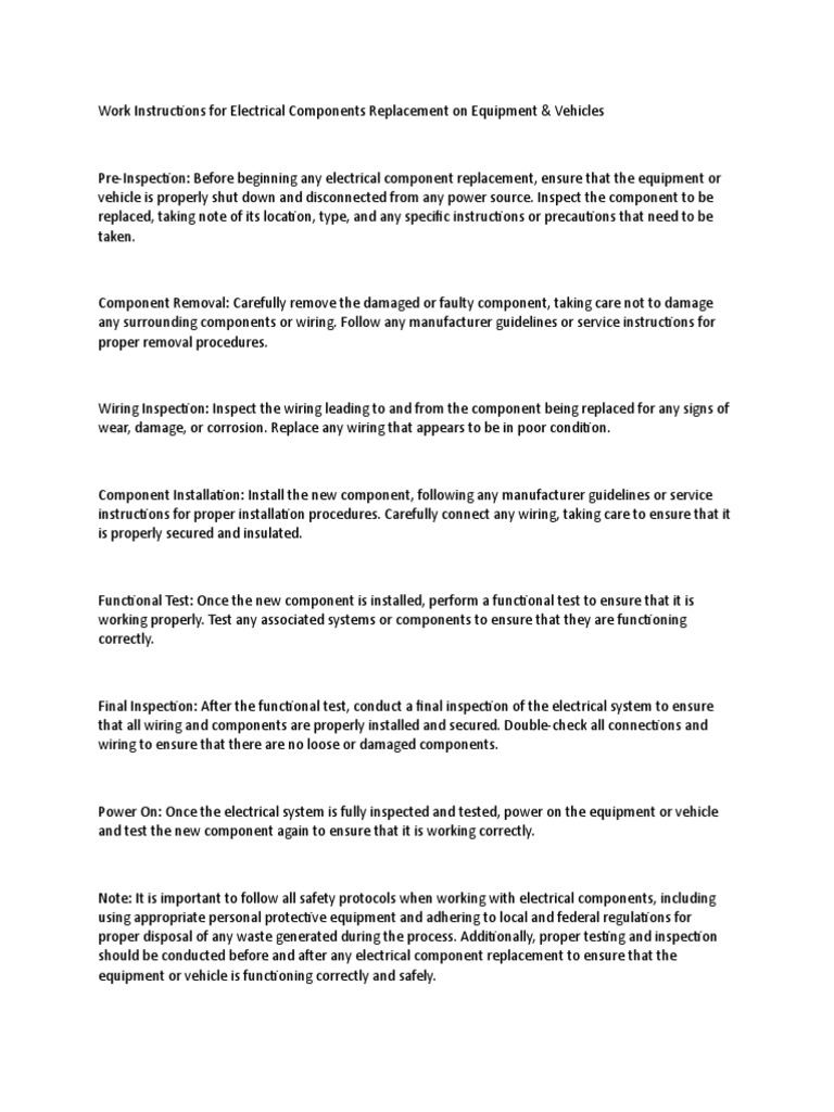 Work Instructions For Electrical Components Replacement On Equipment ...