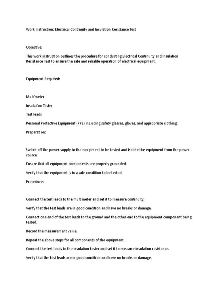 Work Instruction Electrical Continuity and Insulation Resistance Test ...