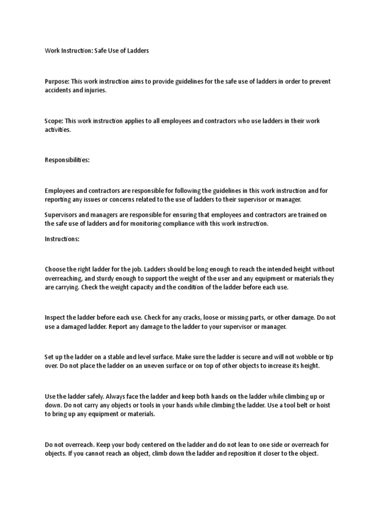 Work Instruction Safe Use of Ladders | PDF | Ladder