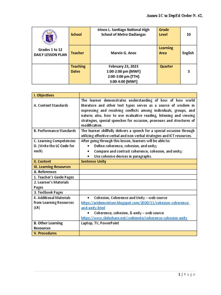 Coherence Cohesion and Unity Anos Final | PDF | Word | Learning