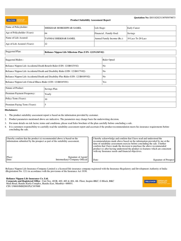 Reliance Life Milestone Plan Overview | PDF | Insurance | Life Insurance