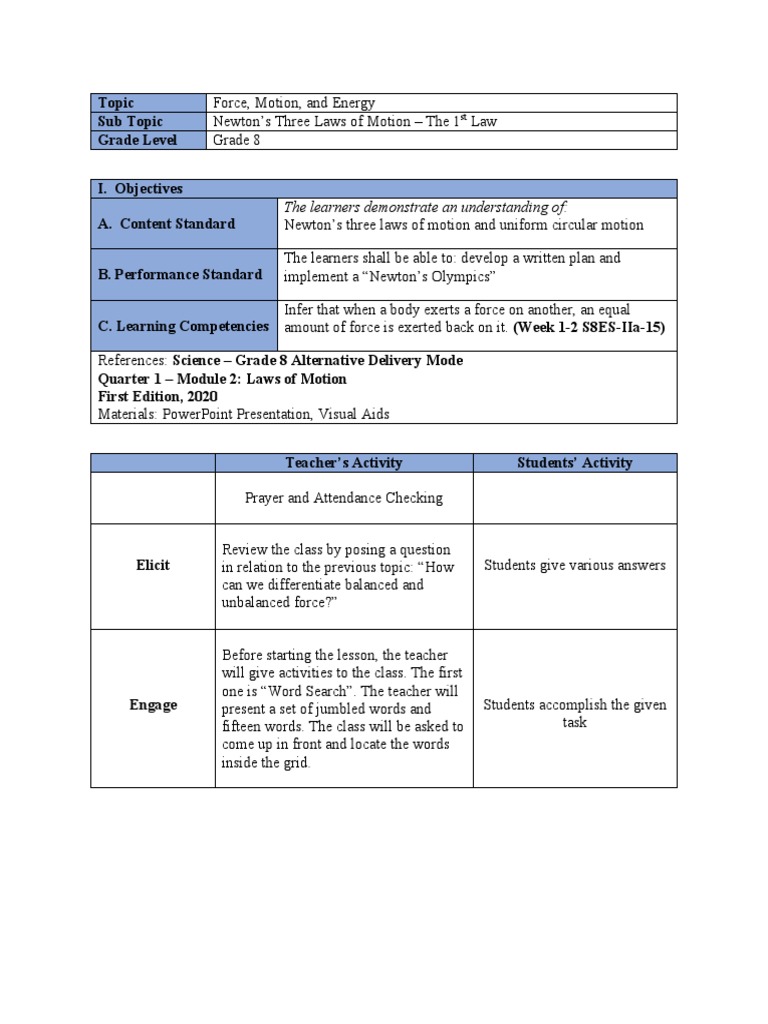 Lesson Plan - 1st Law of Motion | PDF | Inertia | Newton's Laws Of Motion