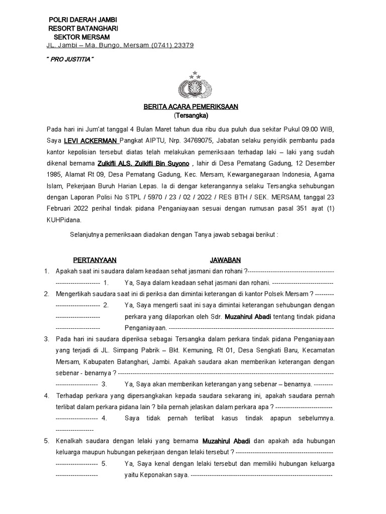 Berita Acara Pemeriksaan Tersangka | PDF
