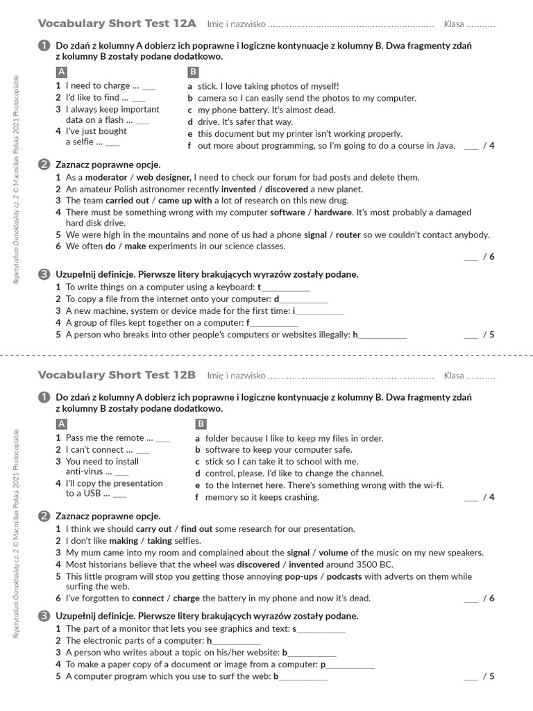Unit 12 Short Test Vocab A&B | PDF | Computer File | Computing