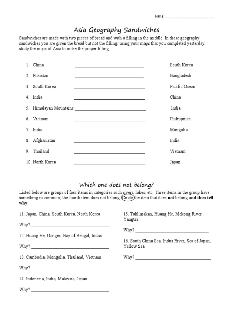 Asia Geography Sandwiches: A Document for Identifying Countries and ...