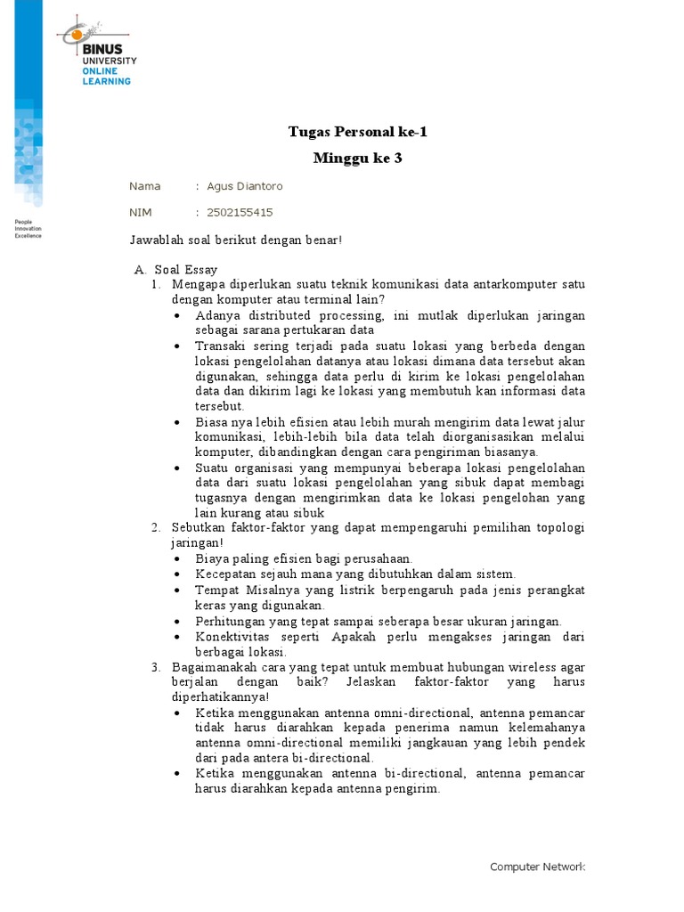Tugas Personal Ke-1 Minggu Ke 3: Nama: Agus Diantoro NIM: 2502155415 | PDF