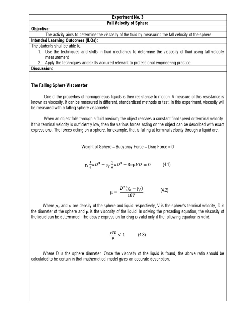 Experiment 3 Falling Velocity Of Sphere Pdf Viscosity Drag Physics