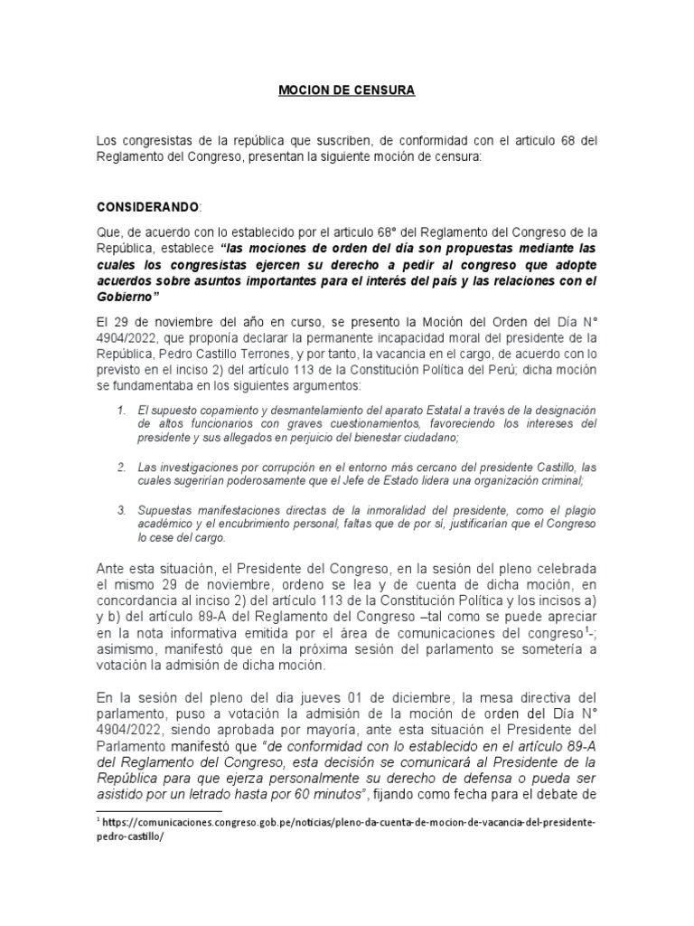 Mocion de Censura Mesa Directiva | PDF | Gobierno | Gobernancia