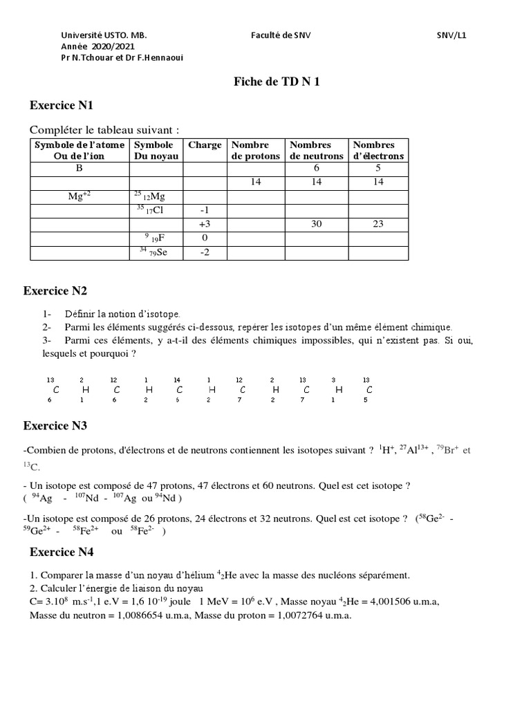 Fiche de TD N 1 - Chimie 1 | PDF