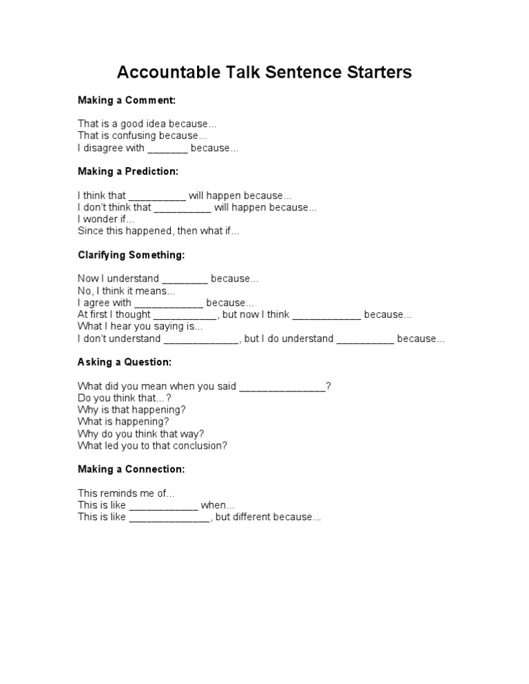 Accountable Talk Sentence Starters | PDF