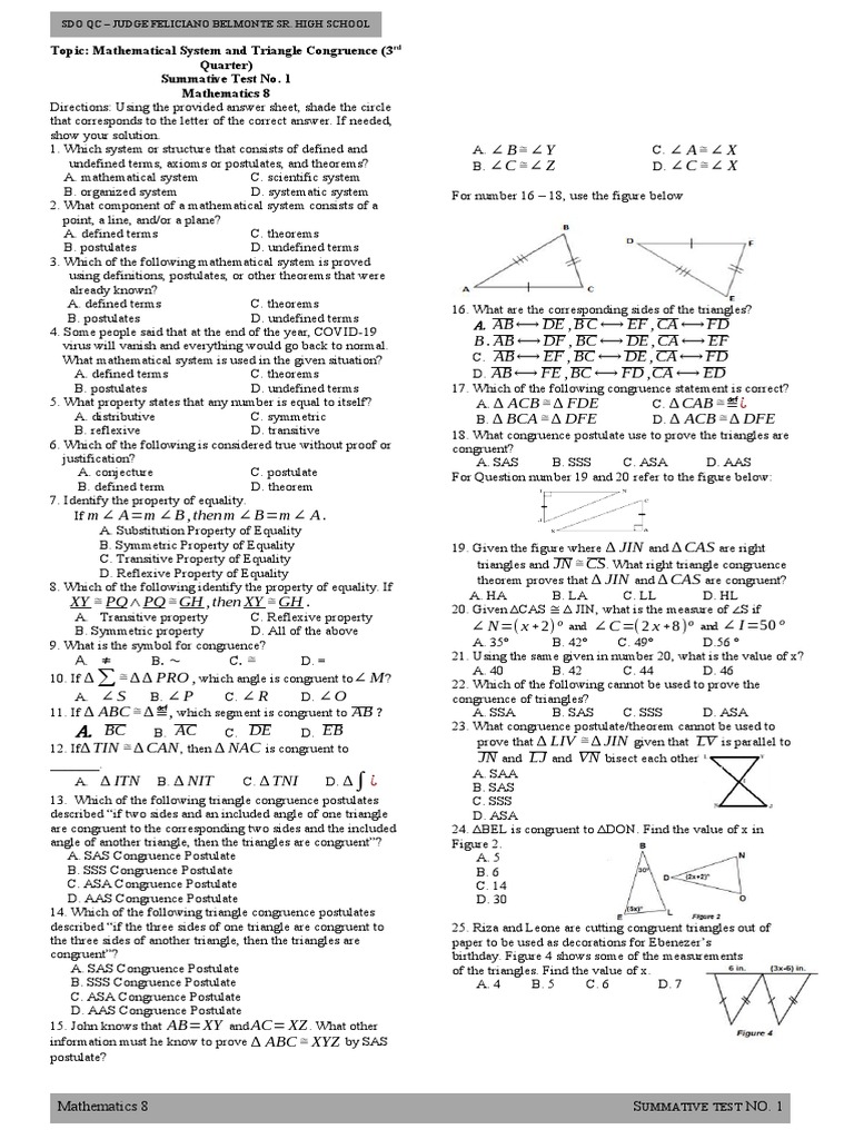 SDO QC – JUDGE FELICIANO BELMONTE SR. HIGH SCHOOL MATHEMATICAL SYSTEM AND TRIANGLE CONGRUENCE ...