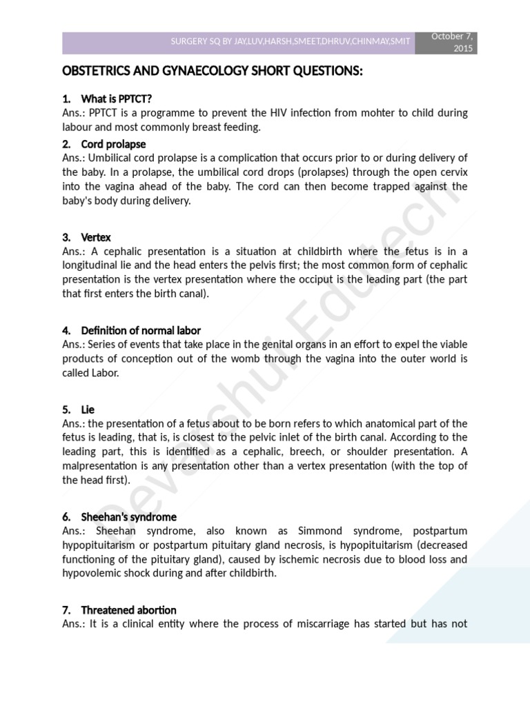 Gynac SQ - Docx 1480428309093 | PDF | Childbirth | Preterm Birth