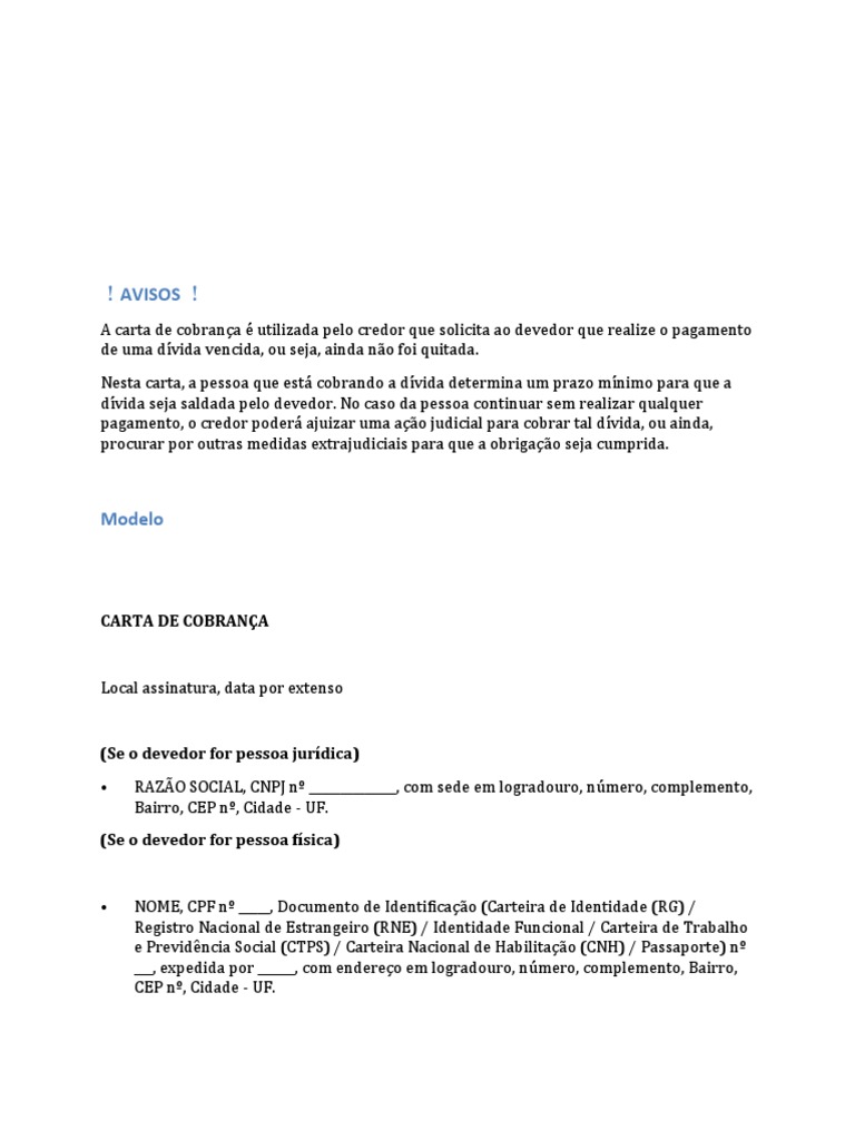 Modelo Carta de Cobranca | PDF | Crédito | Finanças e Administração de ... Modelo Carta de Cobranca | PDF | Crédito | Finanças e Administração de ...