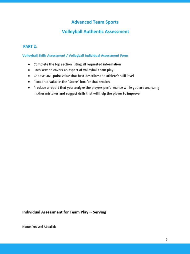Volleyball Authentic Assessment - Part 2 | PDF | Volleyball | Cognition