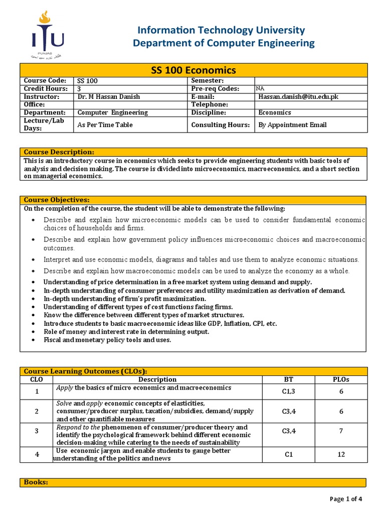 Ss 100 Economics Course Outline Economics Pdf Economics Microeconomics