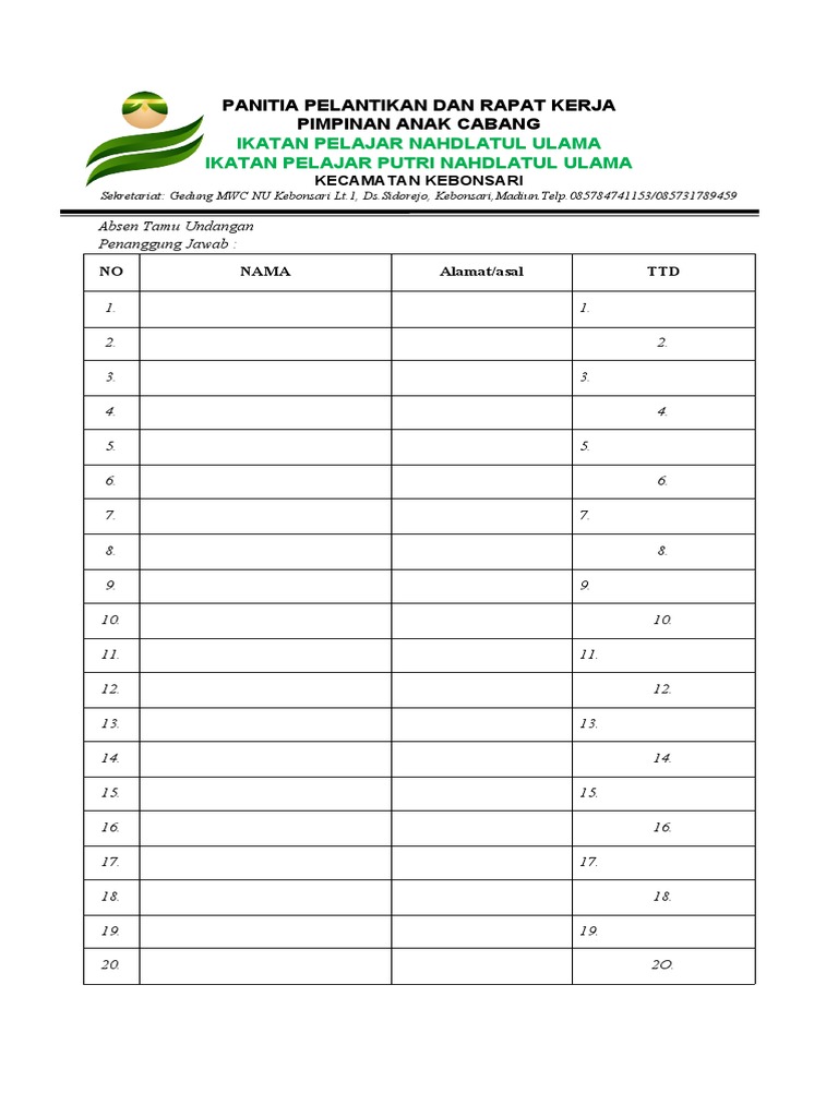 Absensi Tamu Undangan Pelantikan Pac Kebonsari | PDF