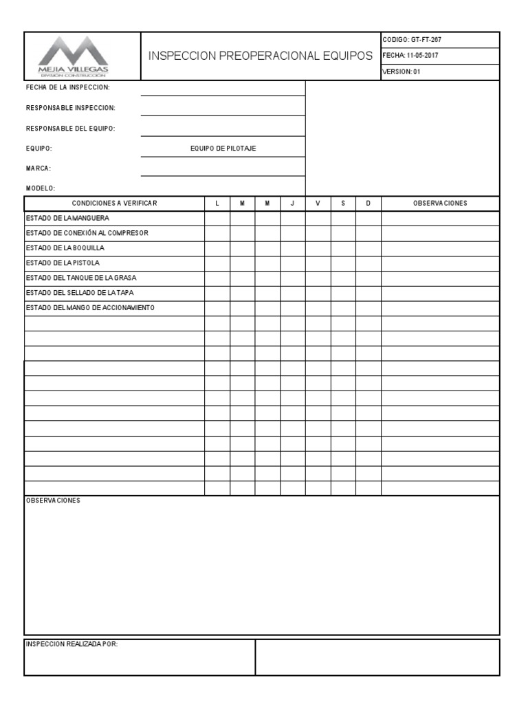 Inspeccion Preoperacional Equipos | PDF | Acelerador | Bomba