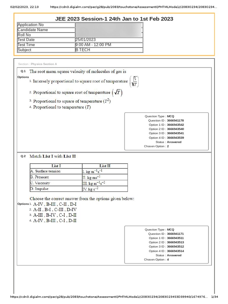 JEE Main 2023 25 January Shift 1 | PDF | Multiple Choice | Evaluation