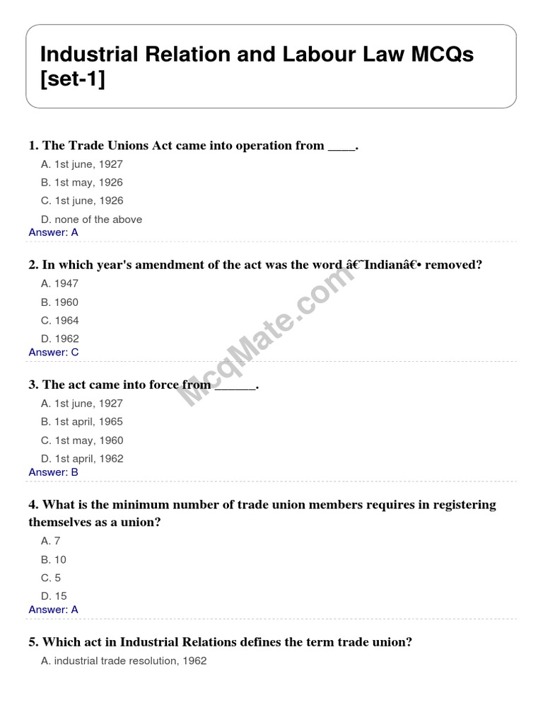 Industrial Relation and Labour Law Solved MCQs (Set-1) | PDF Industrial Relation and Labour Law Solved MCQs (Set-1) | PDF