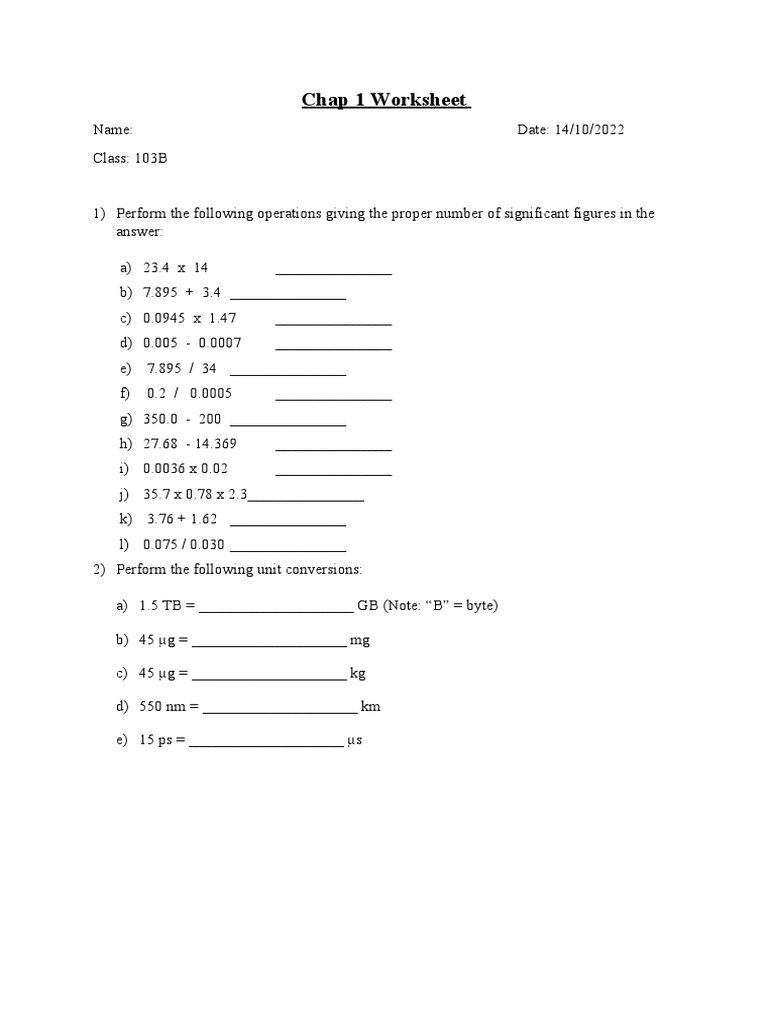 Chap 1 Worksheet + Answer Key | PDF
