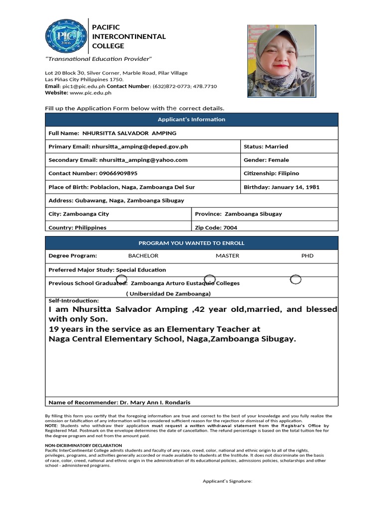 SPED Student Application Form | PDF