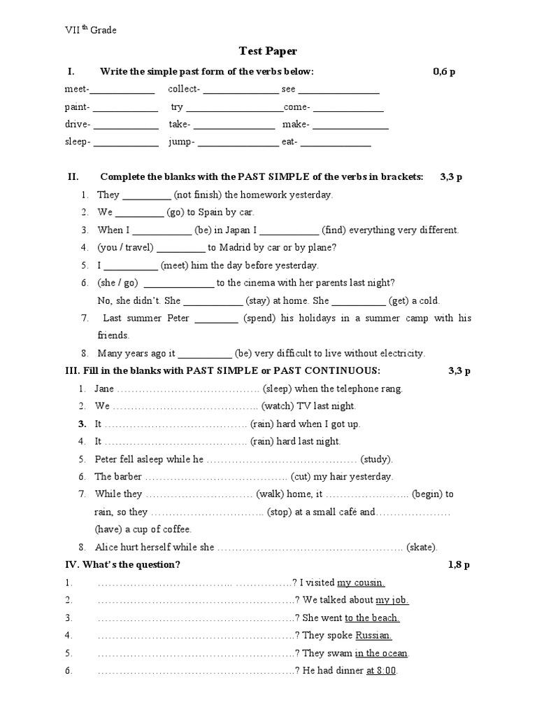 VII TH Grade Test Past Simple-Continuous | PDF