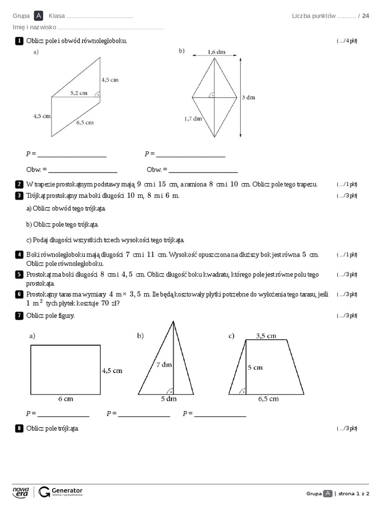 Klasa 5 Zadania Pola Figur | PDF