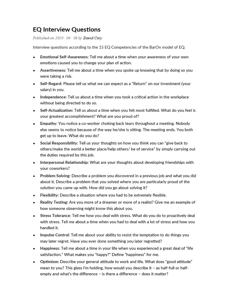 Eq Interview Questions: Interview Questions According To The 15 Eq Competencies of The Baron ...