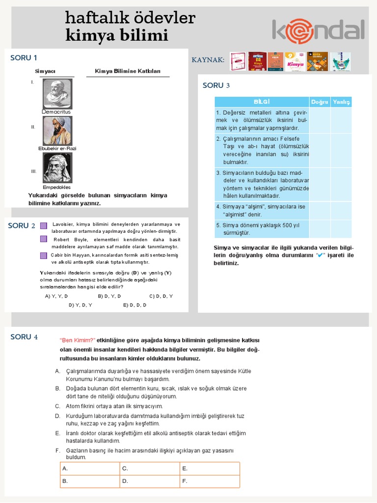 Sınıf Kimya Bilimi Ödev PDF | PDF
