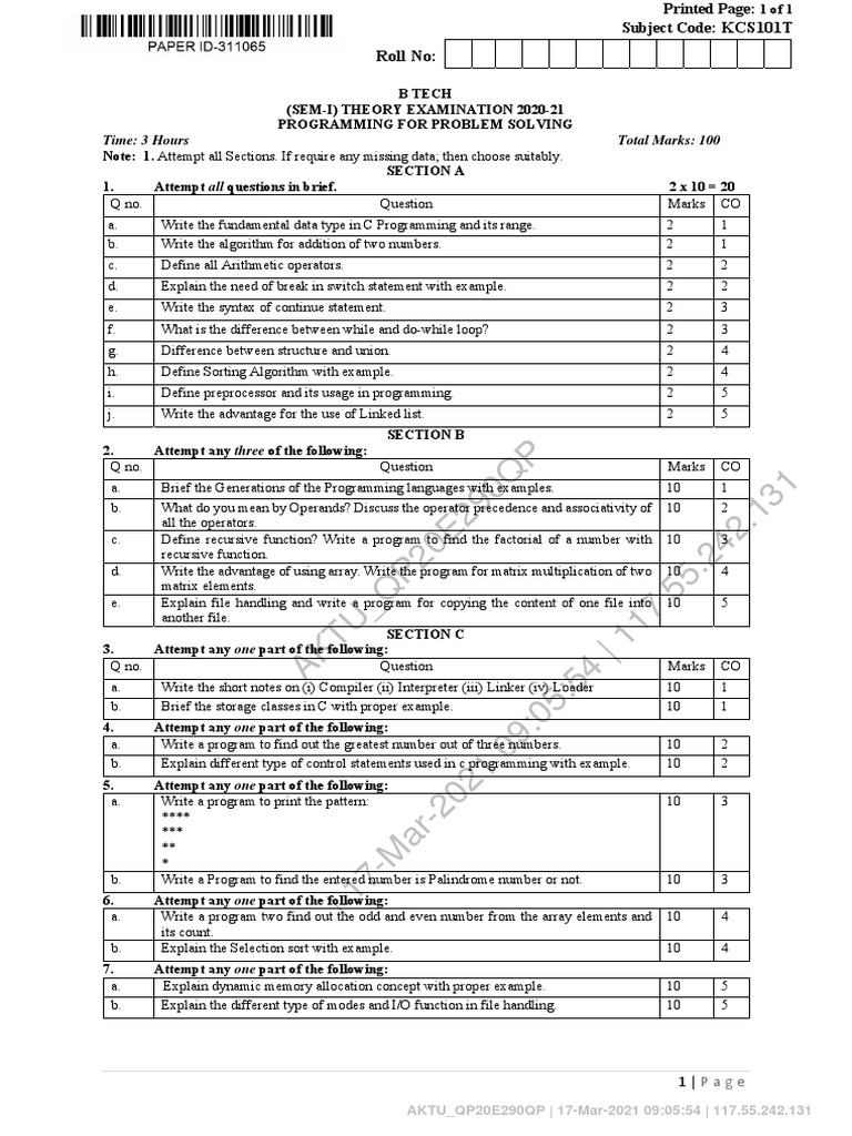 Programming For Problem Solving KCS 101T | PDF | Computer Programming | Software Engineering